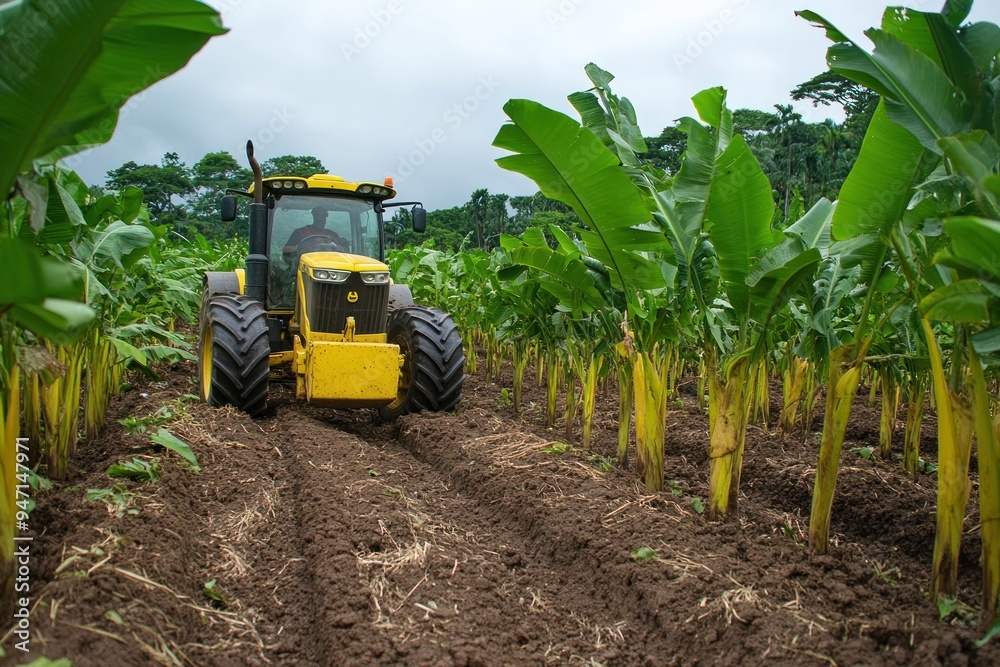 Modern Tractor Working in Lush Green Banana Plantation, Agriculture ...