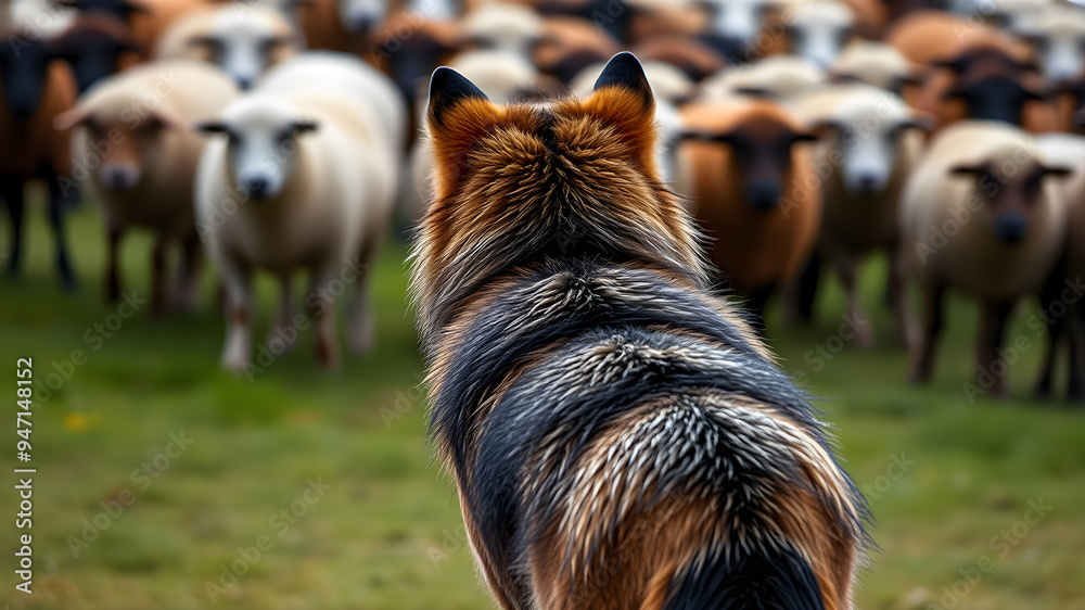 Back view of wild wolf in front of herd of livestock sheep. Generative ...