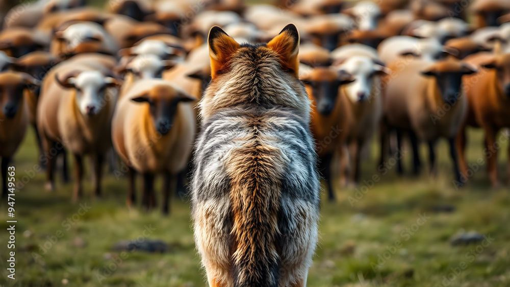 Back view of wild wolf in front of herd of livestock sheep. Generative ...
