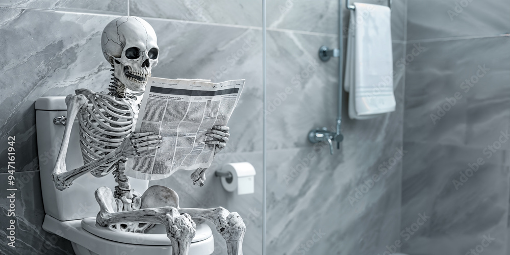 Skeleton reading a newspaper and sitting on a toilet, humor, copyspace ...