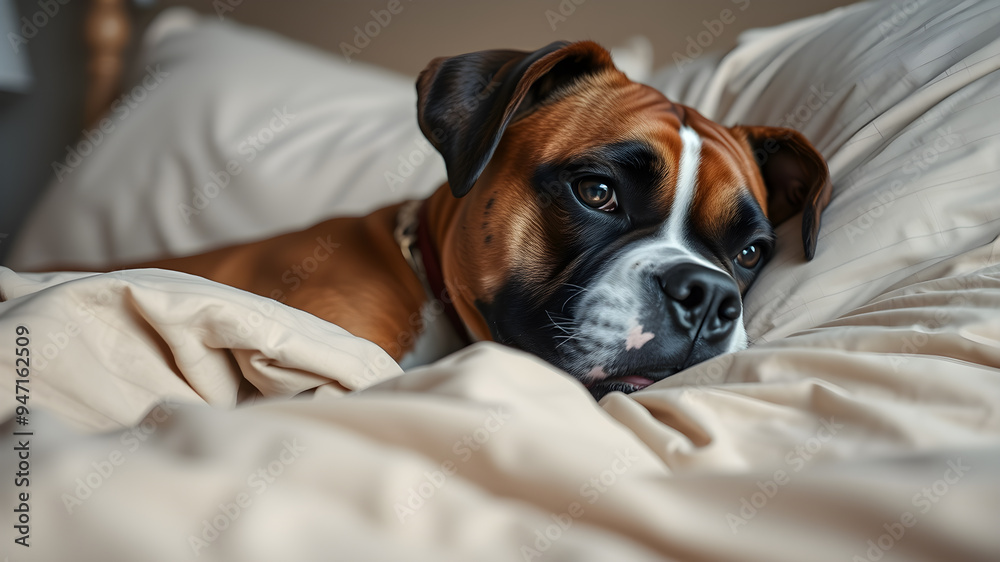 Boxer dog sleeping with human owner in bed. Generative AI Stock Photo ...