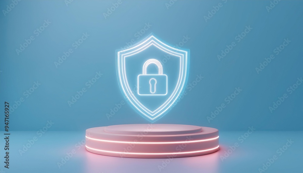 Glowing shield icon with lock on a pedestal, representing cybersecurity ...