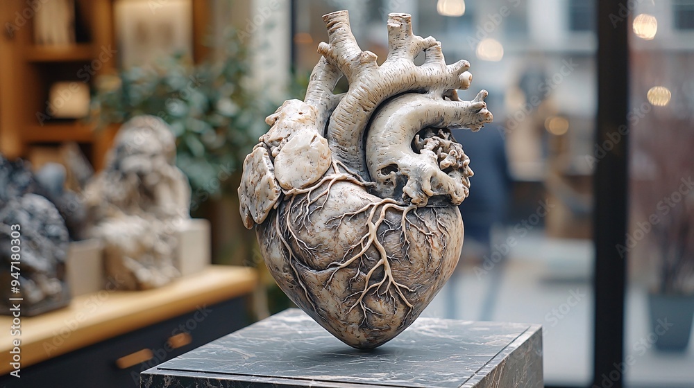 A highly detailed sculptural representation of a human heart carved out ...