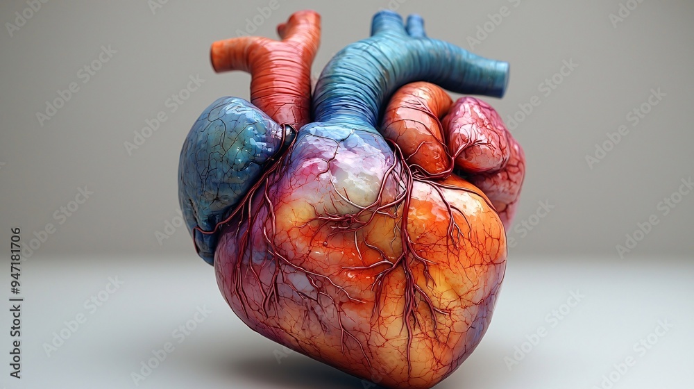 A medical 3D model of a human heart, with each part color-coded to ...