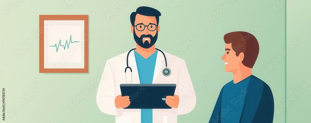 Illustration of a doctor explaining a diagnosis to a patient using a ...