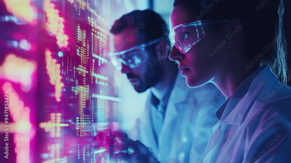 Scientists working with futuristic technology, analyzing data on a ...