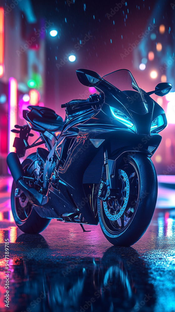 A sleek black motorcycle on a wet road at night, under the neon lights ...