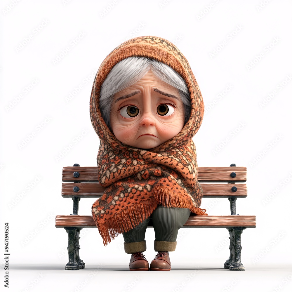 Lonely Elderly Woman Sitting on Bench with Sad Expression, 3D Cartoon ...