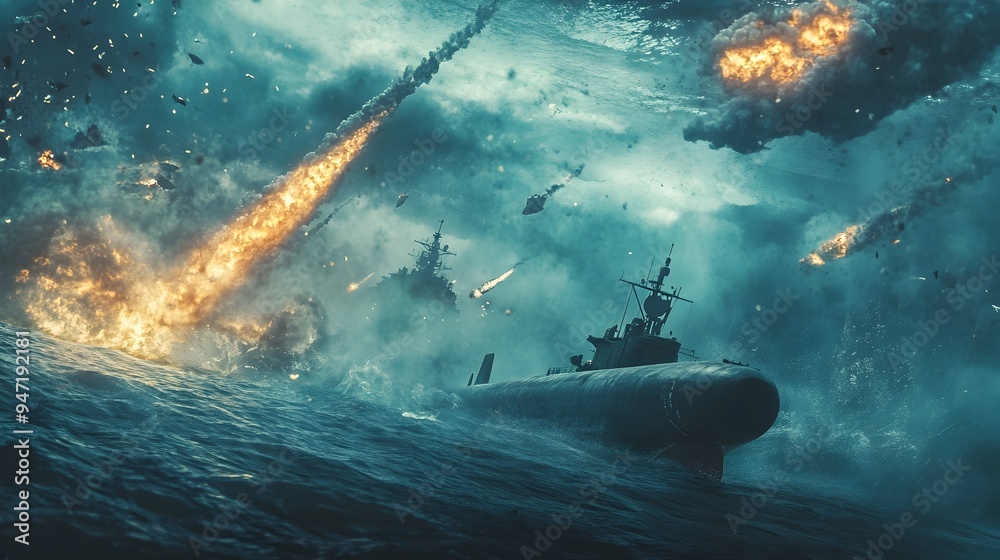 Submarine Firing Underwater as Destroyer Responds with Countermeasures ...