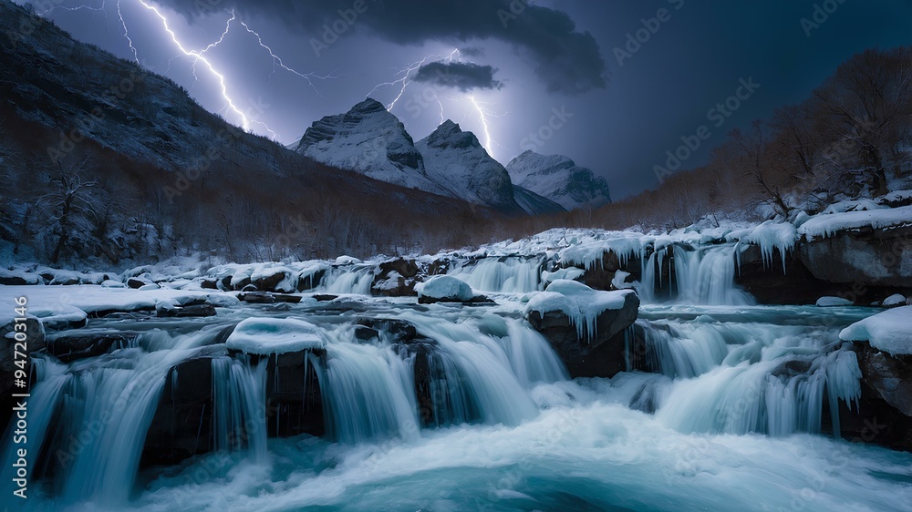 Lightning over frozen waterfalls. Stark contrast, lightning ...