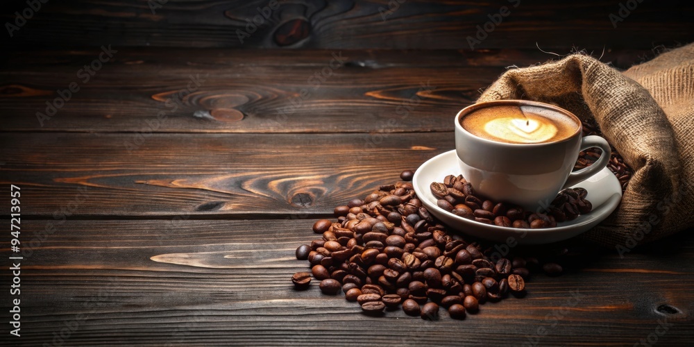 Frothy cup of coffee with coffee beans and a linen bag on a dark wooden ...