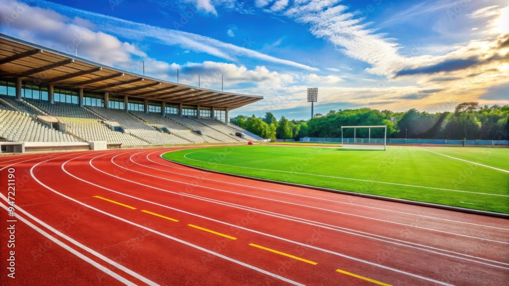 A detailed photo of a track and field stadium with lanes and grass ...