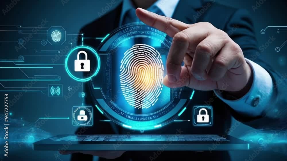 A futuristic graphic showing a fingerprint scanning system powered by ...