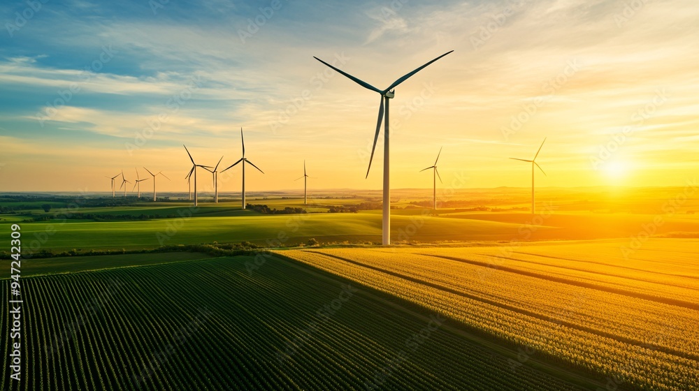 aerial photography, large wind turbines on a farm, powering ...