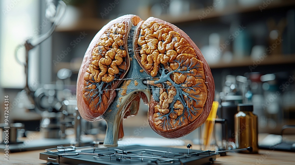A highly detailed anatomical 3D model of a liver with a cutaway view ...