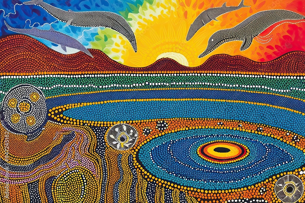 Vivid and Colorful Australian Aboriginal Dot Painting of Ocean Story ...