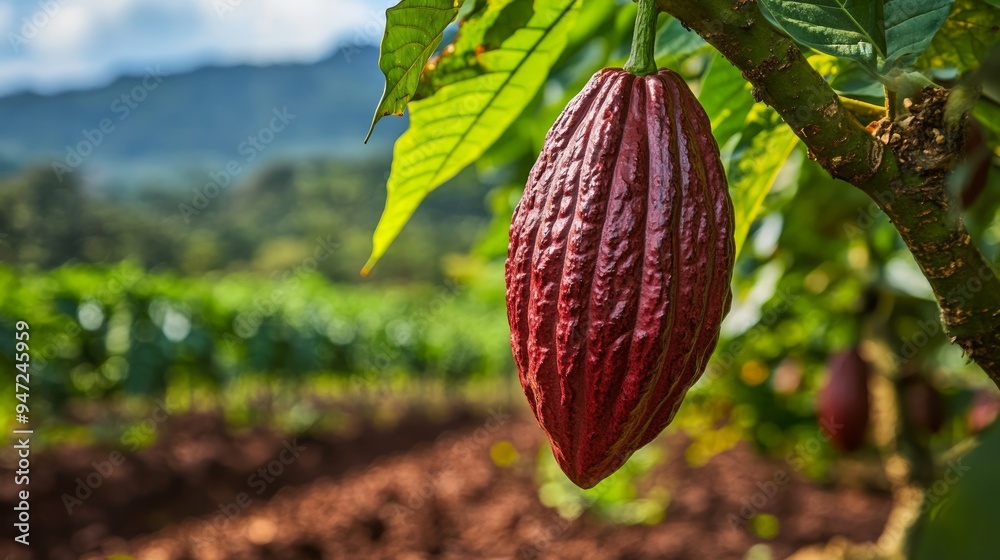Red cocoa pod on tree in the field. Cocoa (Theobroma cacao L.) is a ...