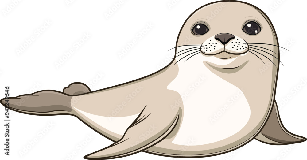 Round seal with a smiling face, simple flippers, and a rounded body ...