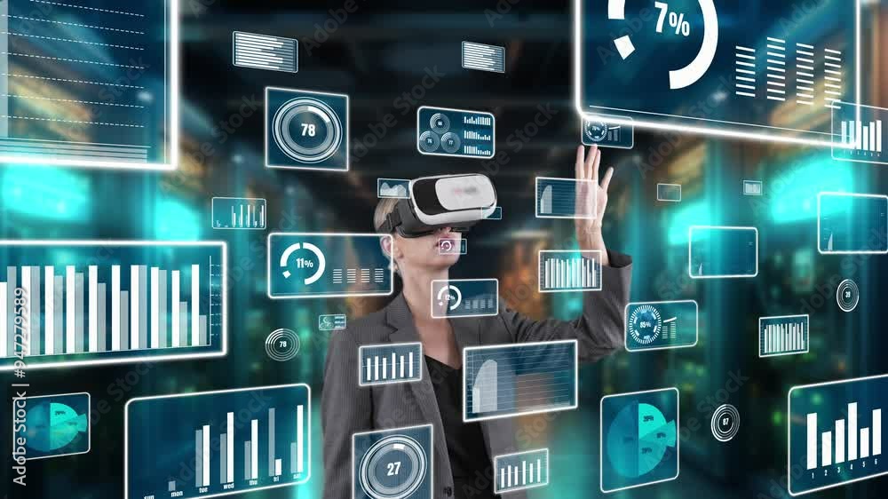 Woman selecting big data dynamic market percentage analysis graph by VR ...