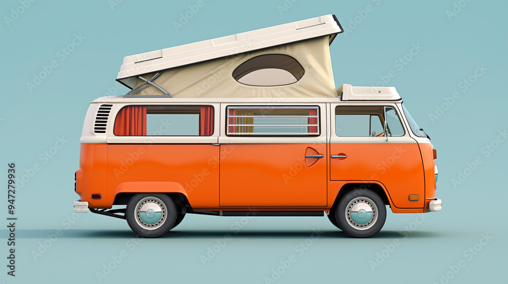 Classic Orange Camper Van with Pop-Up Roof. A vibrant orange camper van ...