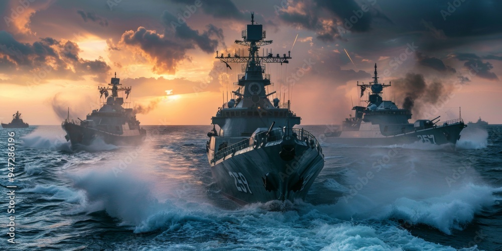 warship battle at sea, three warships with explosions and smoke, tense ...