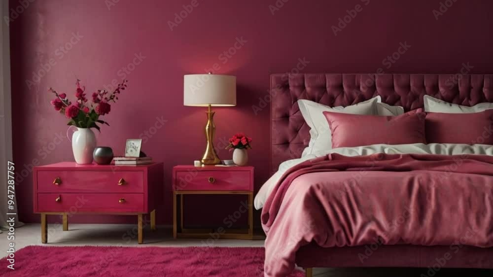 viva magenta bedroom interior. Bedside table . Bright bedroom. Pantone ...