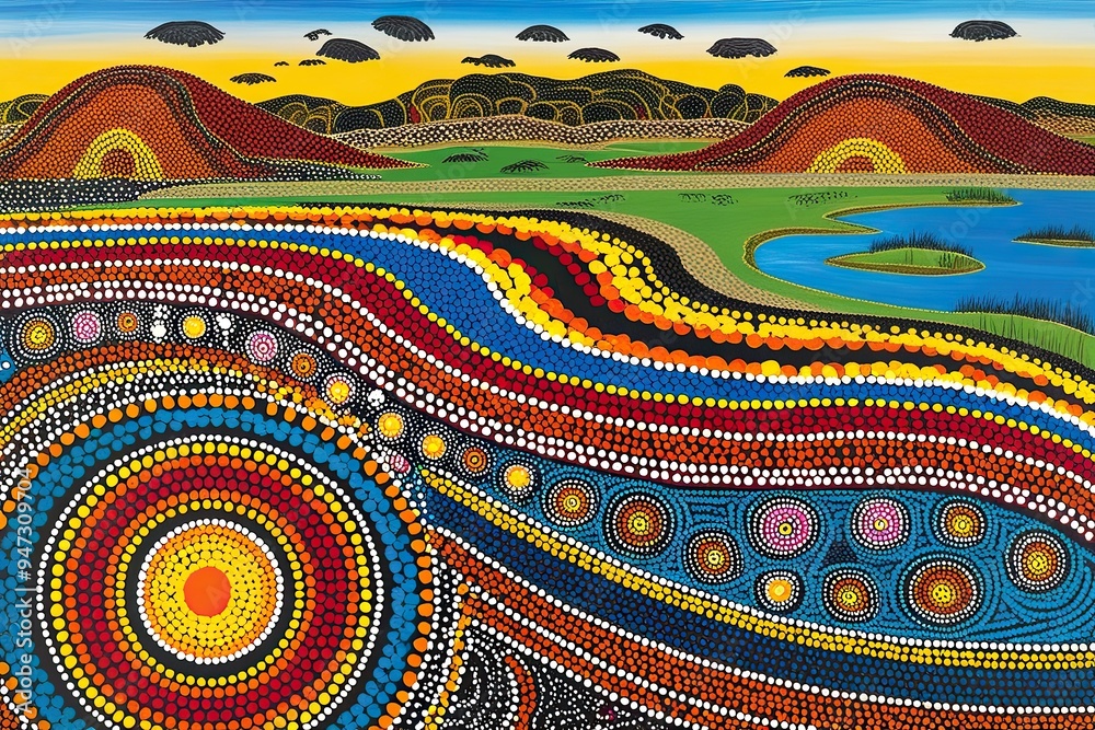 Vibrant Australian Aboriginal Dot Painting Depicting Dreamtime Stories ...