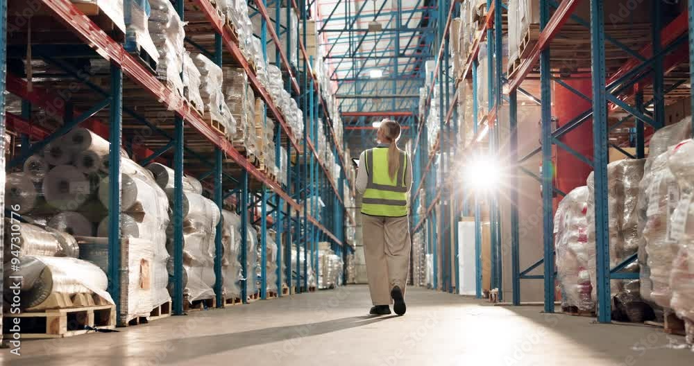 Logistics, distribution and woman in warehouse with tablet for online ...