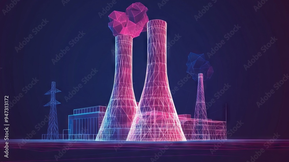 Nuclear power plant sketch. Isolated abstract polygonal nuclear reactor ...