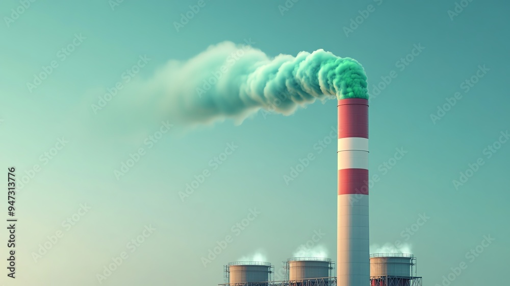 Industrial chimney with smoke emissions against a clear sky ...