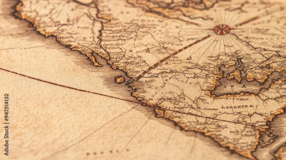 An old engraving of an ancient map with intricate lines and aged paper ...