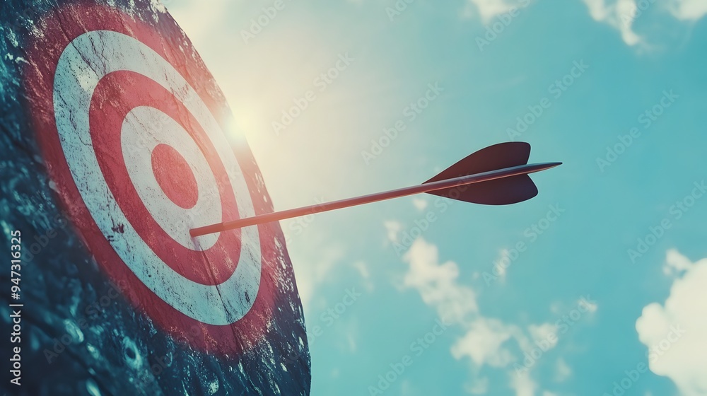 Conceptual image of a minimalist bullseye target with an arrow flying ...