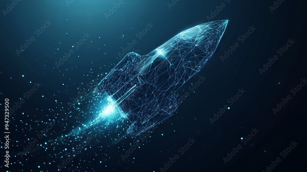 Digital rocket flies in orbit of planet Earth. Abstract light blue ...