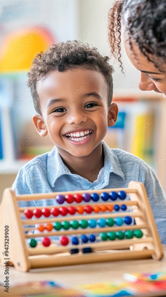 Joyful Learning: Young Boy Solves Math Problems with Abacus as ...