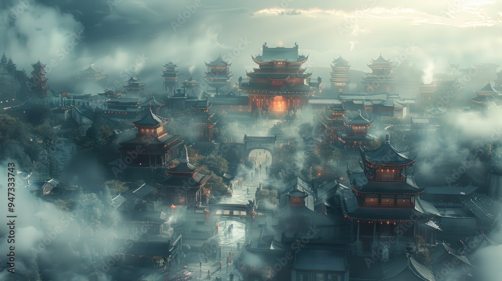 Celestial city of ancient Chinese lore, with intricate buildings and ...