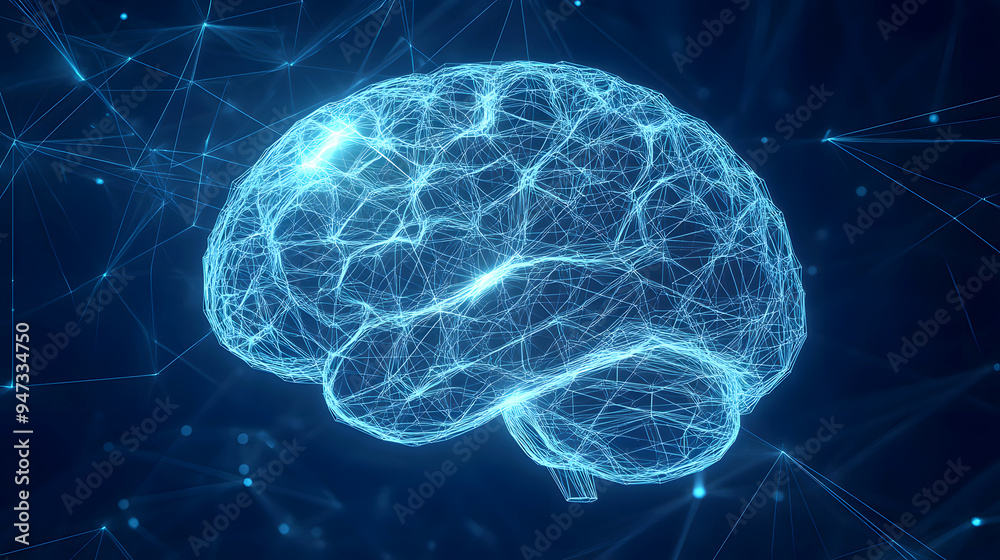 A digital blueprint-style illustration of a human brain, with glowing ...