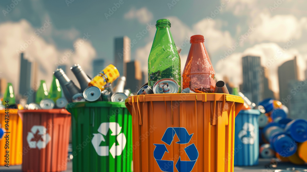 Recycling bins filled with bottles and cans, set against an urban ...