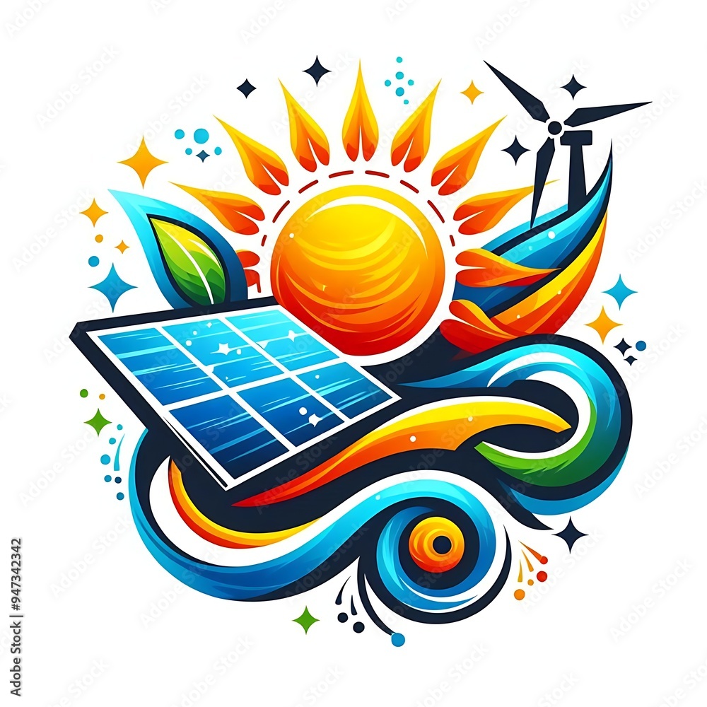 Solar energy logo design with a sun, solar panel, water and plant ...