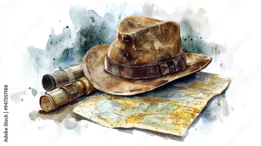 Watercolor illustration of a rugged explorer's hat and map, hinting at ...