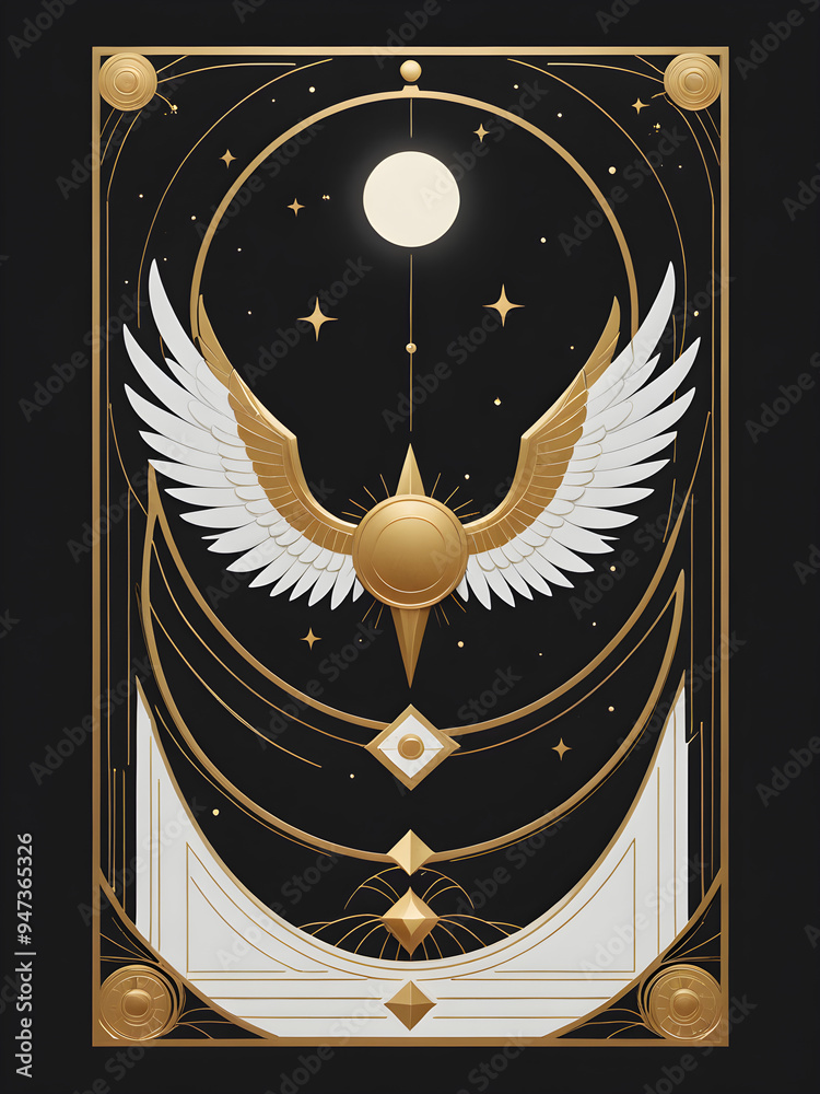 tarot card, a minimalist card illustration of a chariot with wings and ...