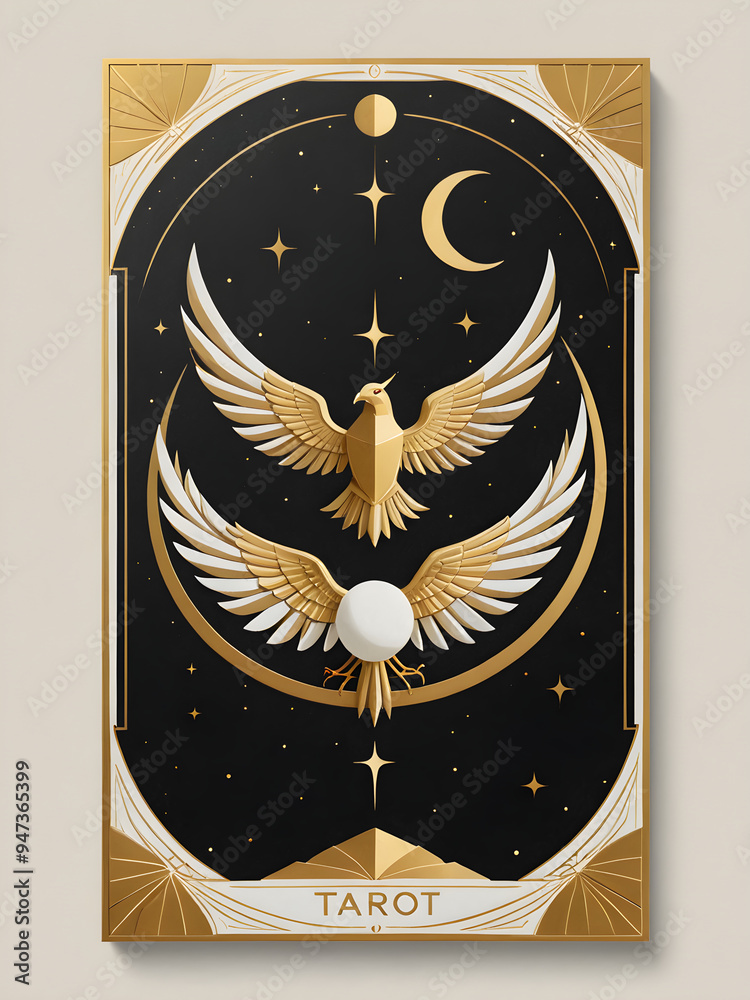 tarot card, a minimalist card illustration of a chariot with wings and ...