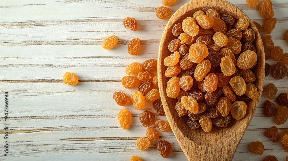 Golden Raisins in Wooden Bowl A TopDown Perspective on a Rustic White ...