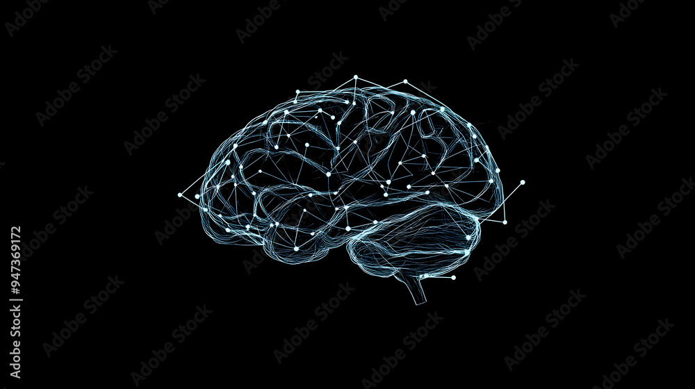 A minimalist illustration of a human brain with glowing plexus lines ...