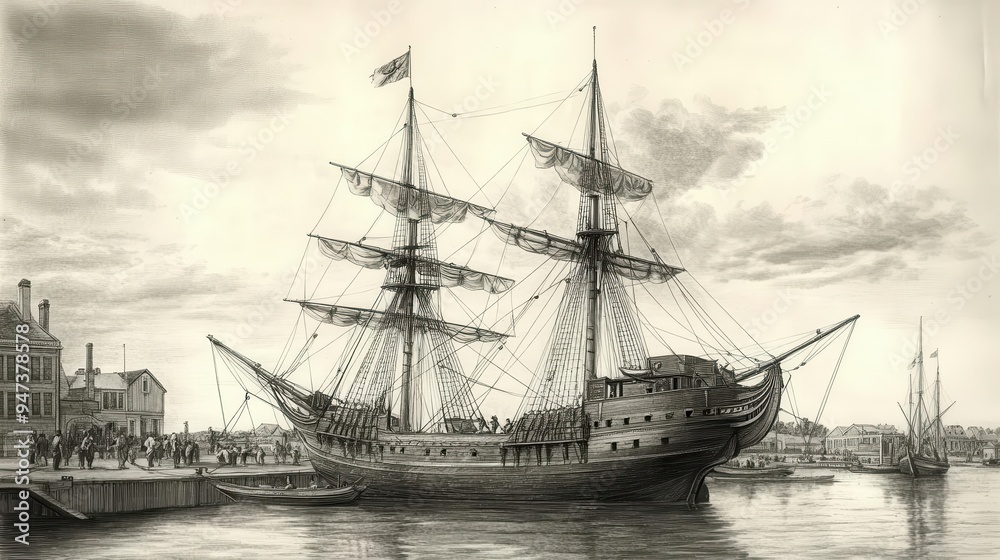 An old engraving of a colonial-era ship docked at a bustling port, old ...