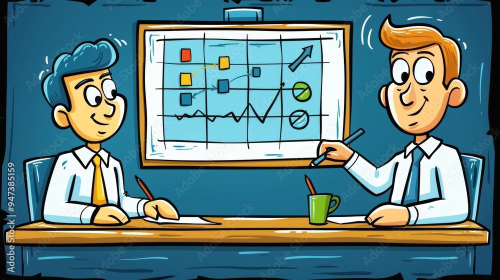 Cartoon vector manager setting goals and deadlines for a team project ...