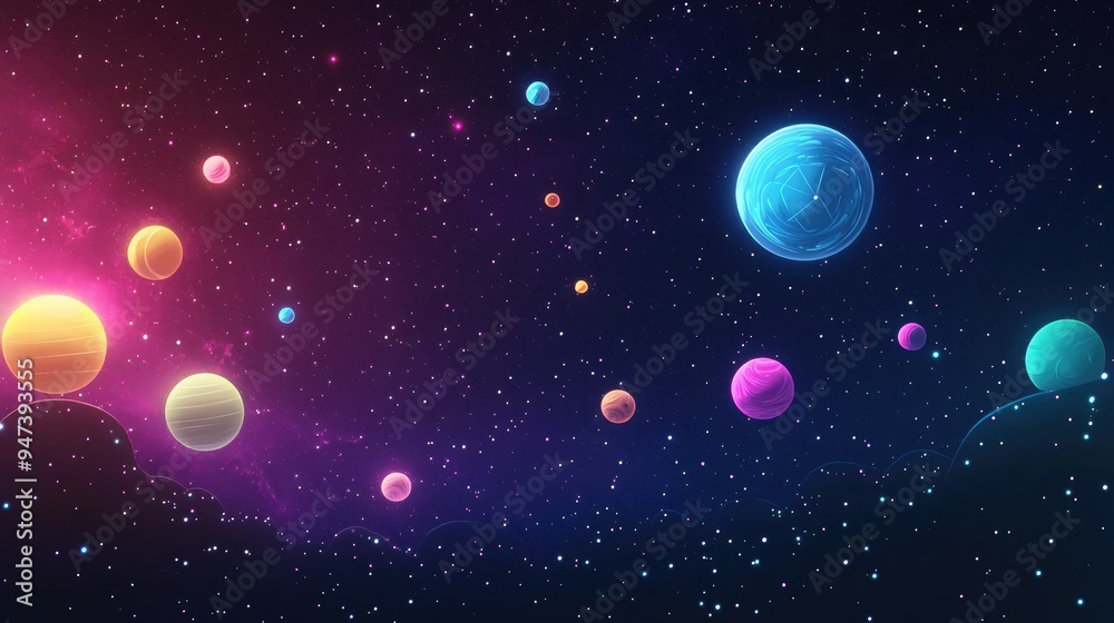 2D illustration featuring a 3D cartoon rendering set in deep vast space ...