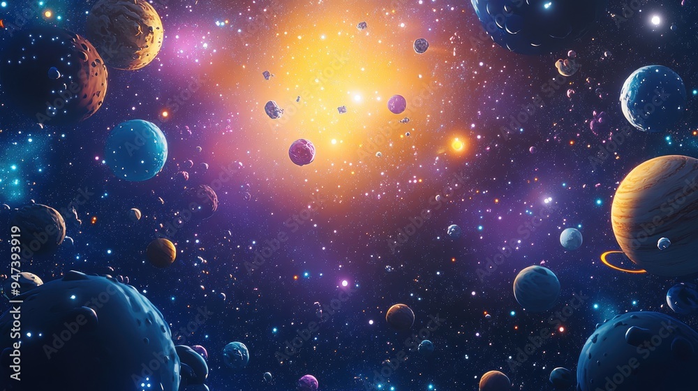 2D illustration featuring a cartoon space background with a vast deep ...