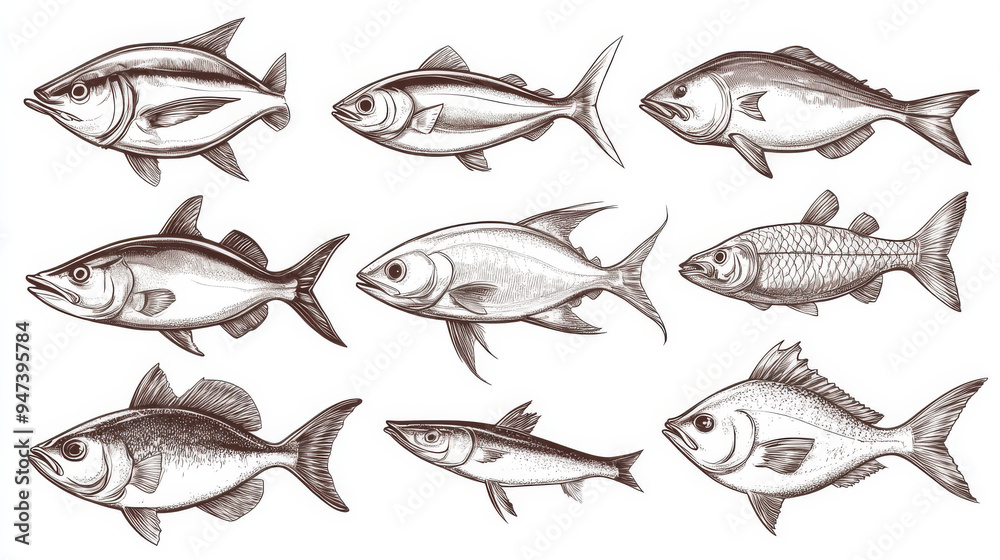 Sketch icons of various fish species, including tuna, perch, pike ...