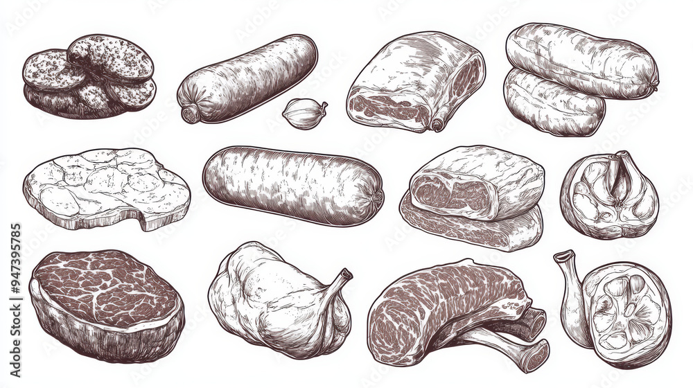 Pork sausage, veal beef and lamb steak sketches. Bacon, ham and jamon ...