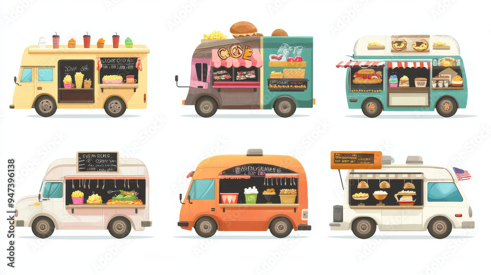 Vector illustrations of food trucks, featuring cartoon vans for street ...